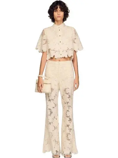 Sandro Guipure Lace Crop Top - Neutral / White