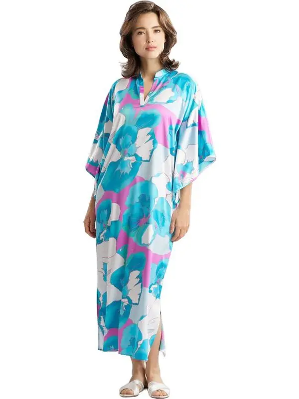 Natori Floria Printed Satin Mandarin Collar Caftan - Blue