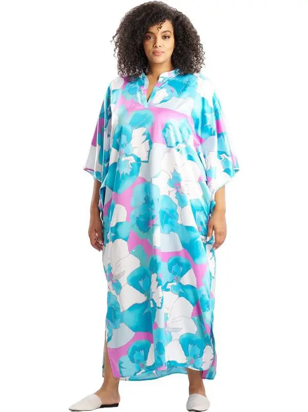 Natori Floria Printed Satin Mandarin Collar Caftan - Blue