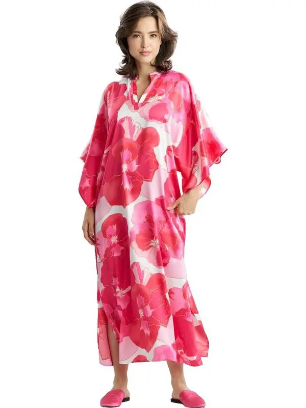 Natori Floria Printed Satin Mandarin Collar Caftan - Pink