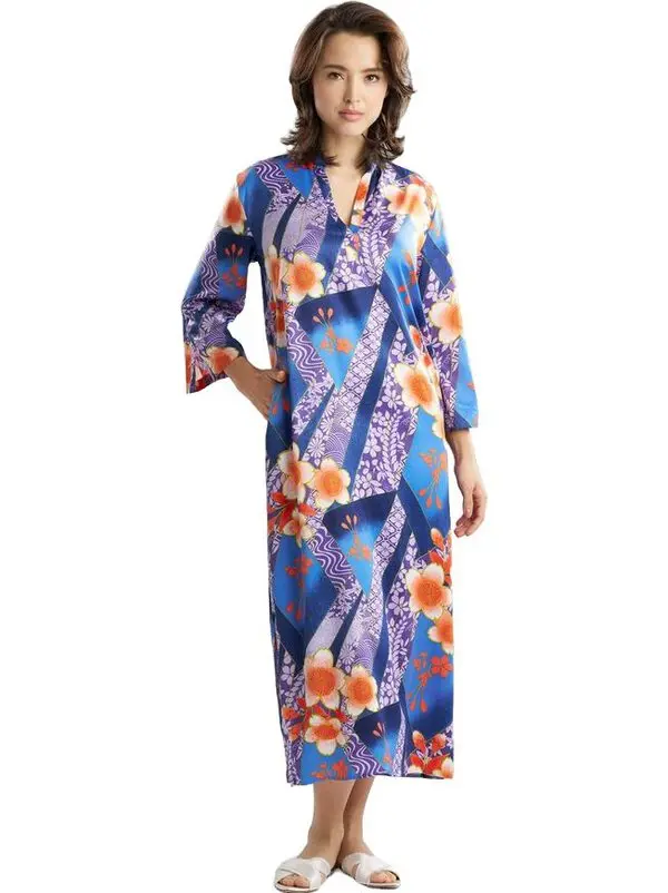 Natori Magnolia Printed Satin Mandarin Caftan - Blue
