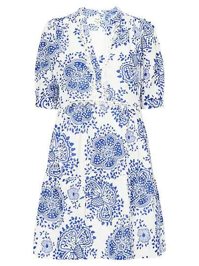 ME+EM Floral Lace-trim Cotton Mini Dress - Soft White/blue