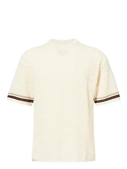THE COUTURE CLUB Striped-cuff Crewneck Cotton-crochet T-shirt - Stripe Offwhite