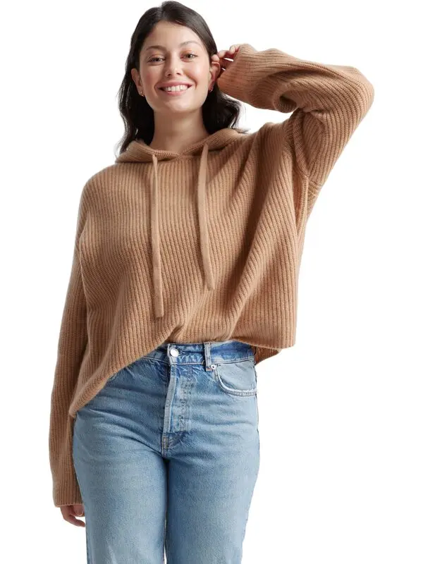 Quince Mongolian Spring Cashmere Fisherman Pullover Hoodie - Camel