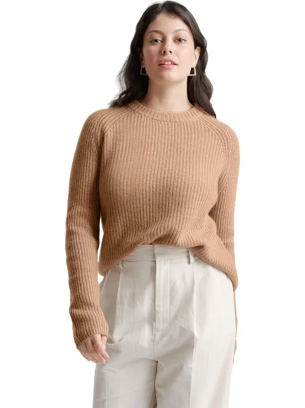 Quince Mongolian Spring Cashmere Fisherman Crewneck Sweater - Camel