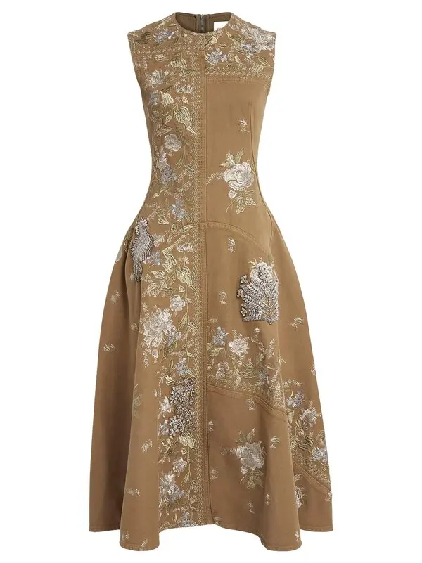 Erdem Denim-crystal Embroidered Midi Dress - Yellow
