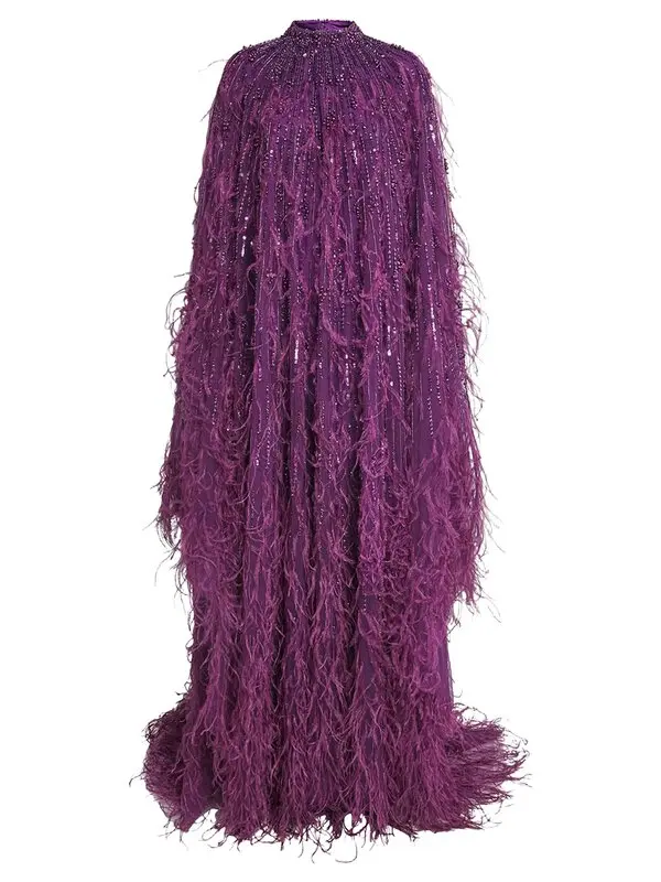Pamella Roland Tulle Embellished Feather-trim Gown - Purple