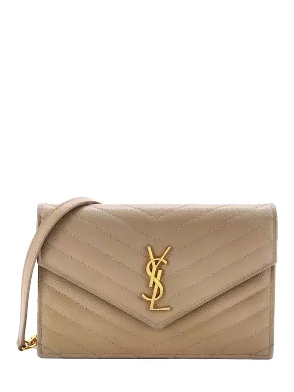 Saint Laurent Classic Monogram Wallet On Chain Matelasse Chevron Leather Small Crossbody Bag - Neutrals