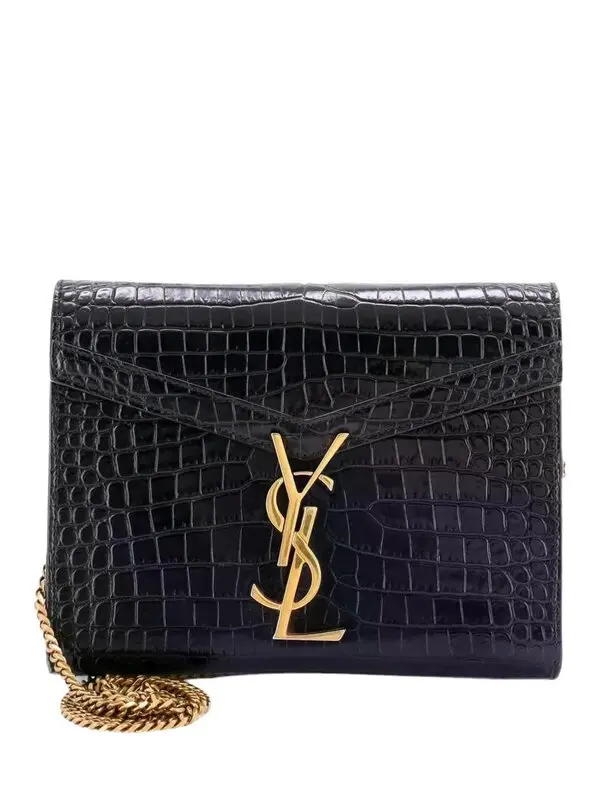 Saint Laurent Cassandra Chain Crocodile Embossed Leather Shoulder Bag - Black