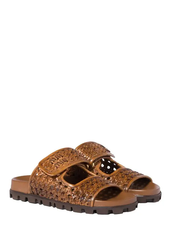 Miu Miu Woven Leather Sandals - Cognac