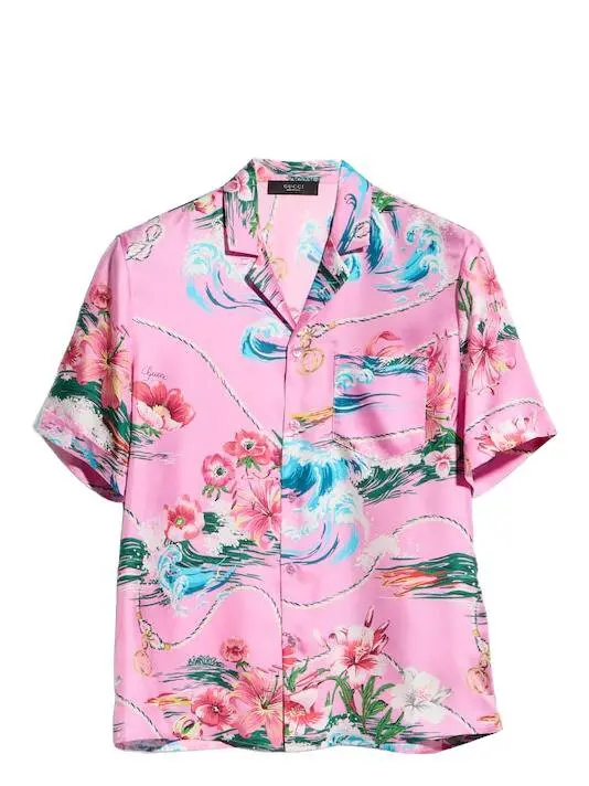 Gucci Printed Silk Twill Bowling Shirt - Pink