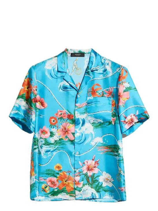 Gucci Printed Silk Twill Bowling Shirt - Blue