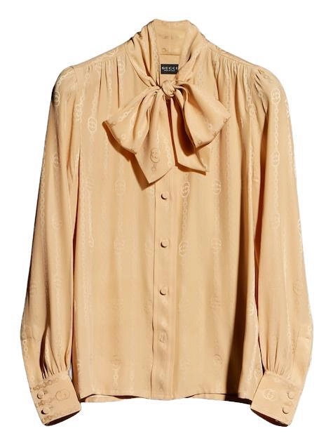 Gucci Interlocking G Chain Silk Jacquard Shirt With Self-tie Bow - Beige