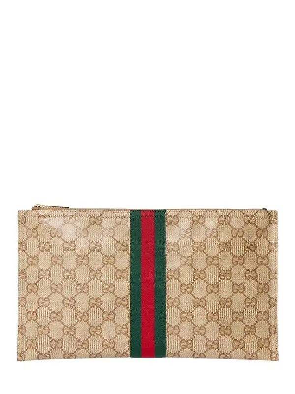 Gucci Large Pouch With Web Gg Canvas - Beige