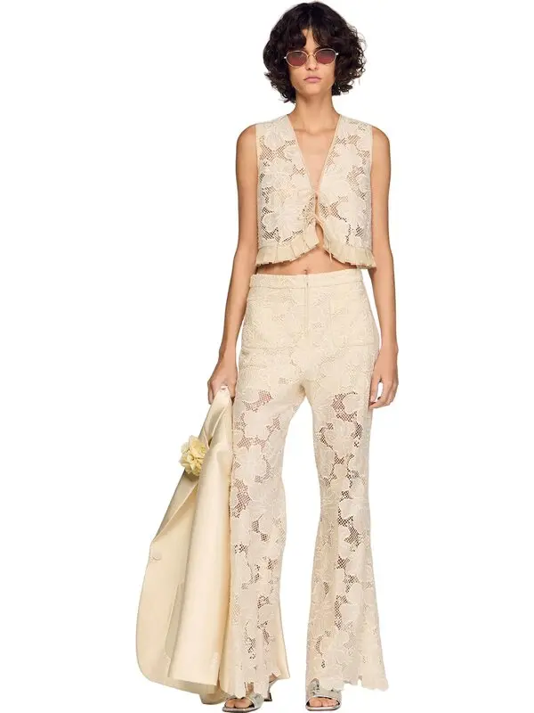Sandro Floral Guipure Lace Crop Top - Ecru