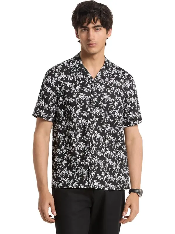 Michael Kors Floral Print Linen Camp Shirt - Black
