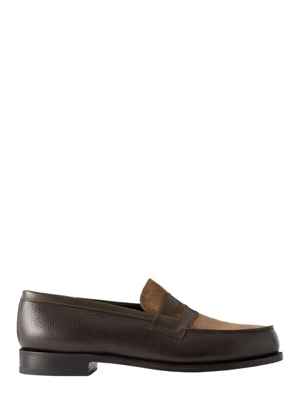 J.M. WESTON 180 Leather-trimmed Suede Penny Loafers - Brown