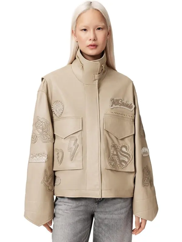 ALLSAINTS Oversized Leather Patch Jacket - Brown