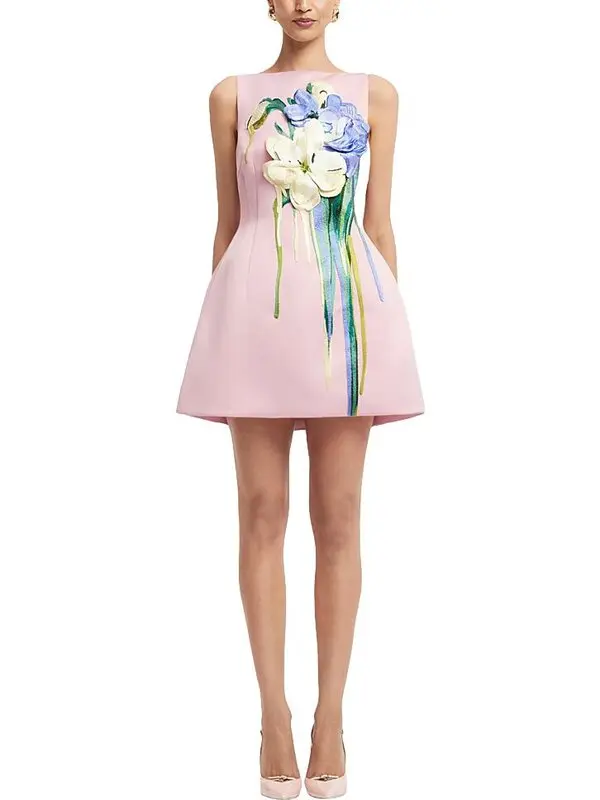 LEO LIN Embroidered Boat Neck Mini Dress - Bouquet Print/pastel Pink