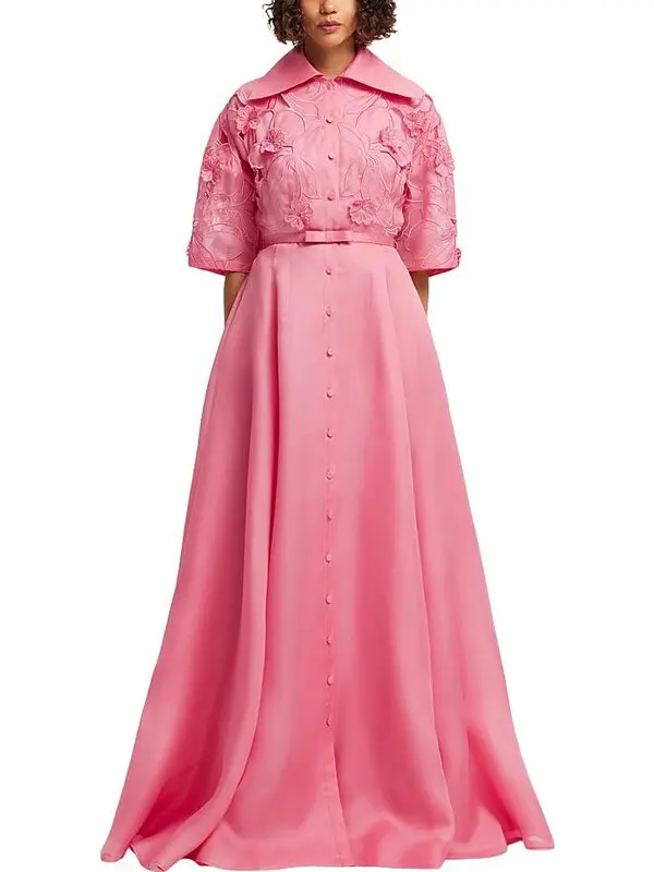 LEO LIN Junia Applique Puff Sleeve Silk Gown - Fuchsia