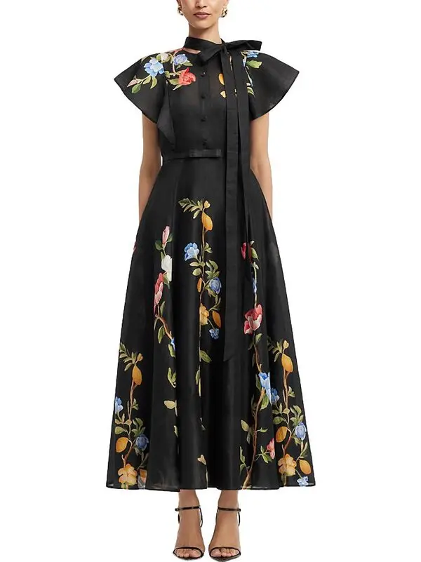 LEO LIN Elsie Flutter Sleeve Dress - Lemon Vine Print In Ebony