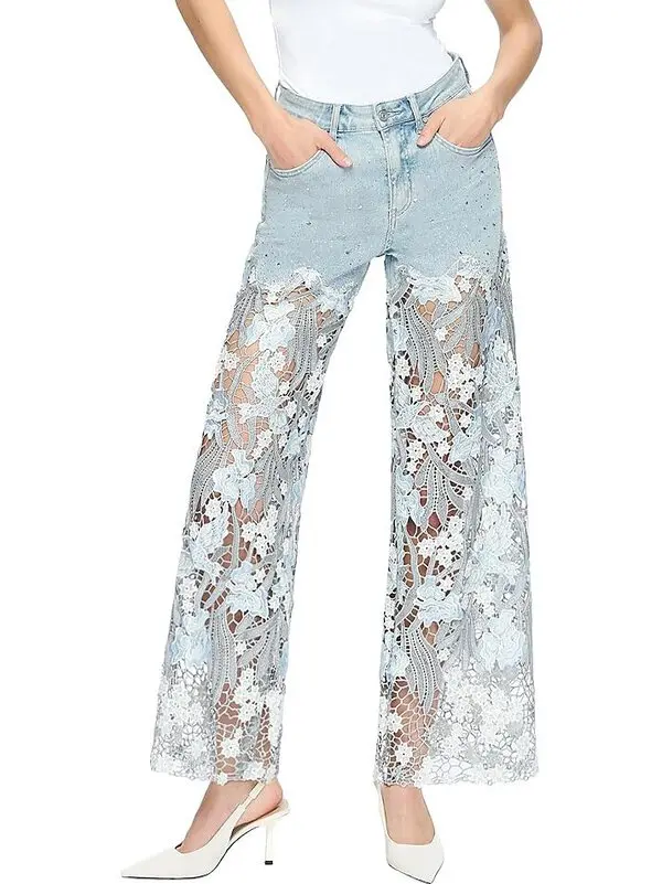 BAYEAS Wide Leg Lace Jeans With Rhinestone - Lesley Blue