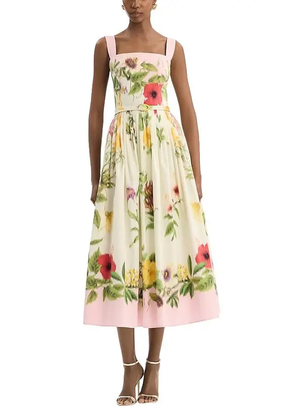 Oscar De La Renta Sleeveless Floral Print Poplin Day Dress - Pink Multi
