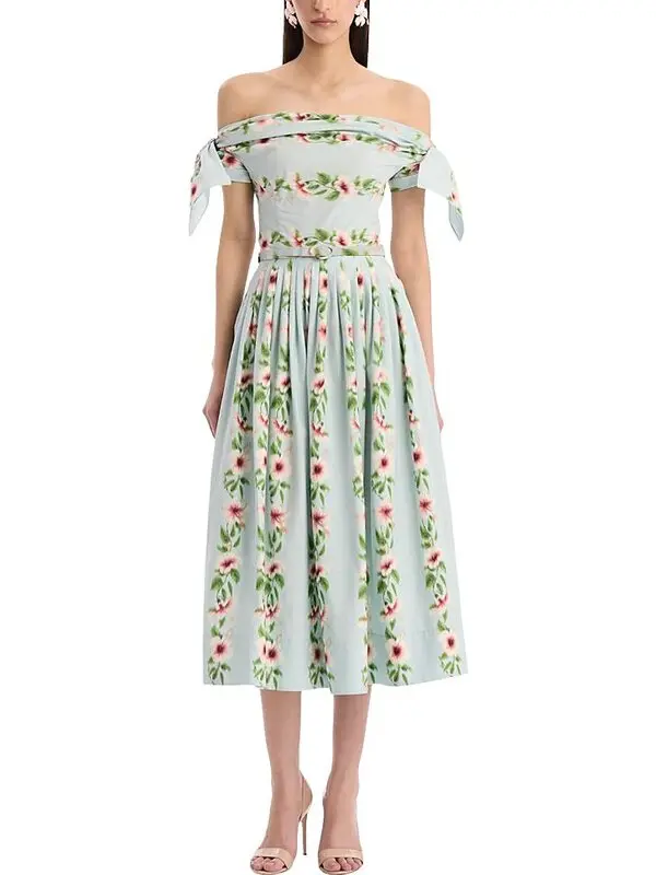 Oscar De La Renta Off Shoulder Hibiscus Stripes Poplin Day Dress - Ivory