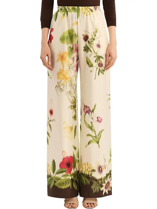 Oscar De La Renta Multi Floral Silk Twill Pants - Brown Multi