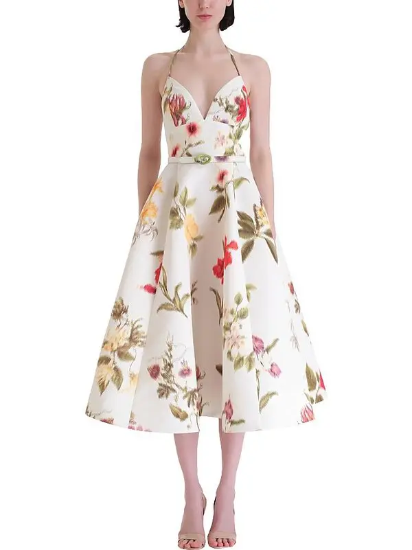 Oscar De La Renta Chine Multi Floral Faille Cocktail Dress - Ivory Multi