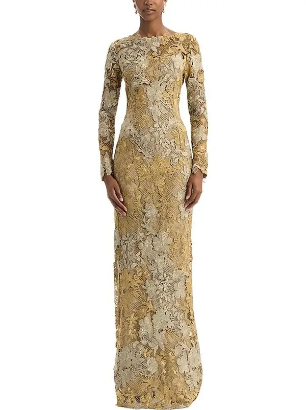 Oscar De La Renta Metallic Hibiscus Gown - Gold/white Gold