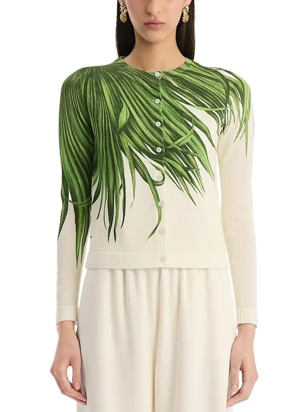 Oscar De La Renta Printed Knit Cardigan Sweater - Green/ivory