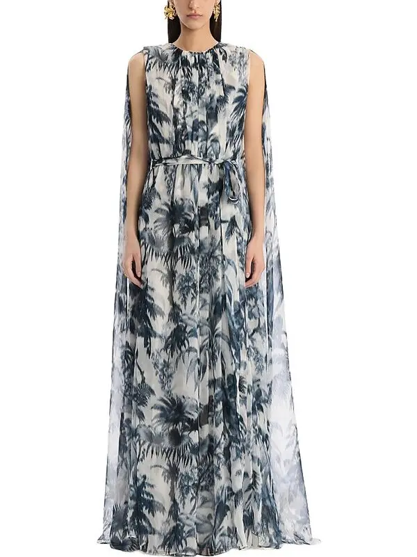 Oscar De La Renta Draped Sleeve Palm Leaves Silk Caftan Dress - Navy/white