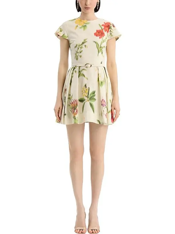 Oscar De La Renta Short Sleeve Floral Poplin Day Dress - Ivory Multi