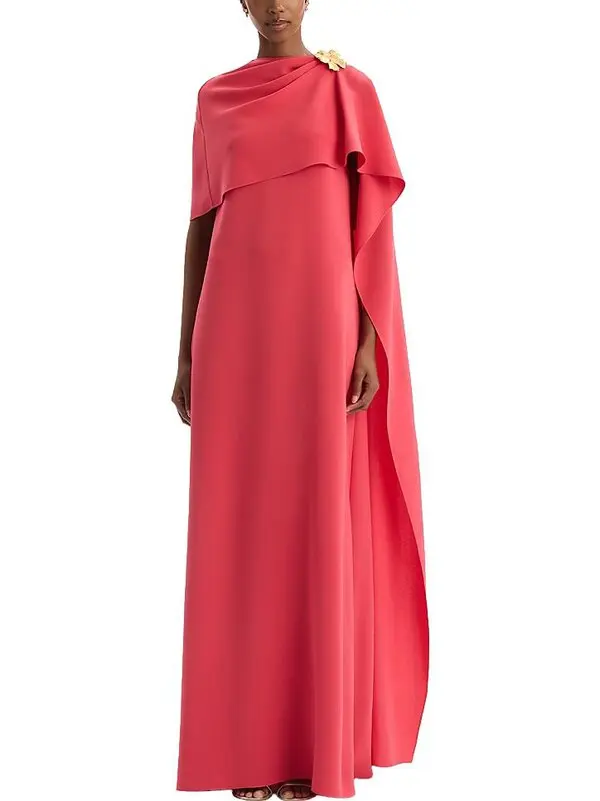 Oscar De La Renta Draped Shoulder Brooch Detail Georgette Caftan Dress - Hot Pink