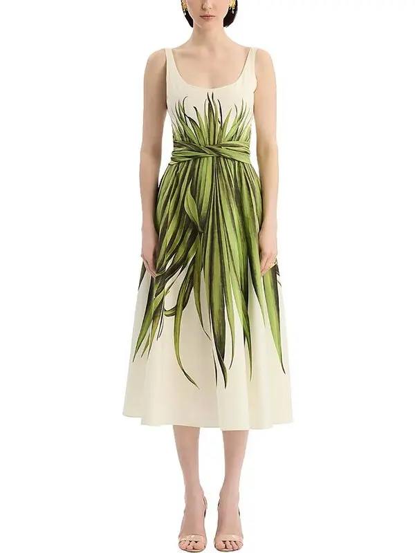 Oscar De La Renta Sleeveless Palm Leaves Poplin Day Dress - Green/ecru