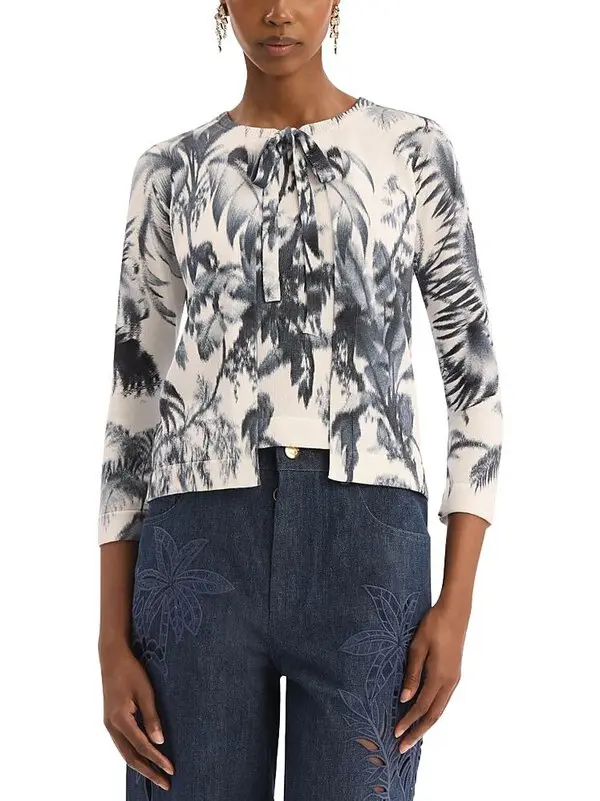 Oscar De La Renta Palm Print Cardigan Sweater - Navy/white
