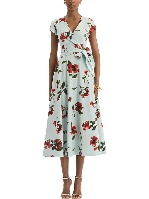Oscar De La Renta Cap Sleeve Hibiscus Cotton Poplin Wrap Dress - Red/saltwater