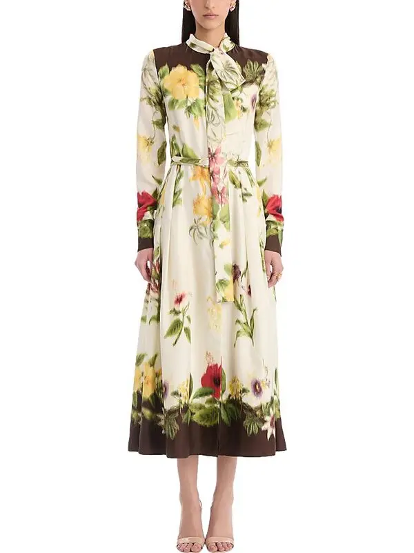Oscar De La Renta Long Sleeve Silk Twill Dress - Brown Multi