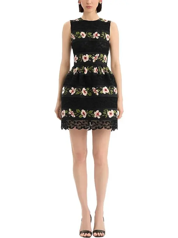 Oscar De La Renta Sleeveless Chine Hibiscus Stripes Faille Day Dress - Black