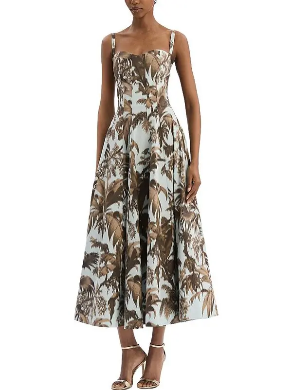Oscar De La Renta Sleeveless Palm Leaves Poplin Day Dress - Brown/saltwater