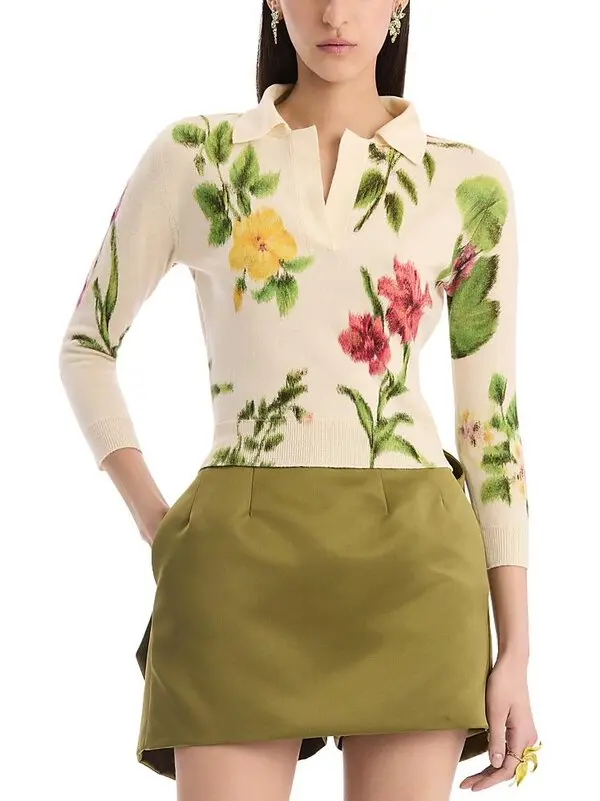 Oscar De La Renta Printed Collared Wool Sweater - Ivory Multi