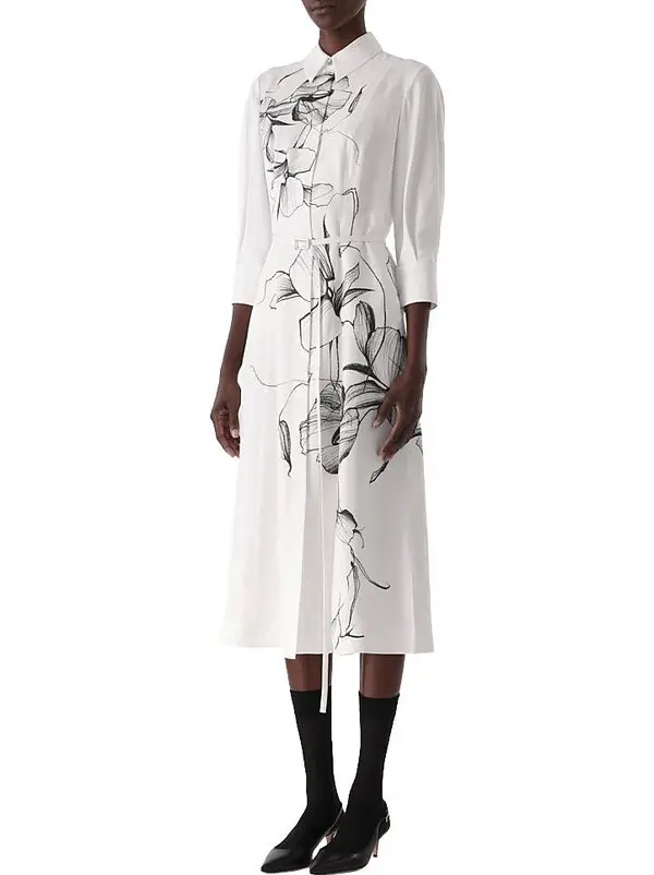 JASON WU Floral Print Silk Twill Shirtdress - Chalk/ Hunter Green Multi
