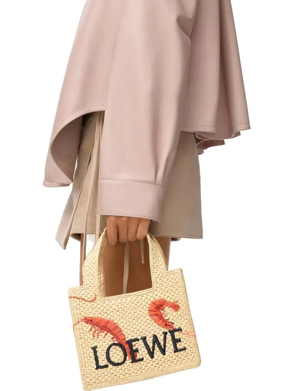 Loewe Mini Font Tote In Raffia With Embroidered Shrimps - Natural/orange