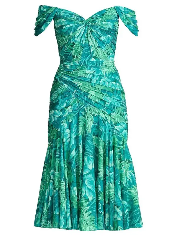 Tadashi Shoji Floral-print Off-shoulder Midi Dress - Green