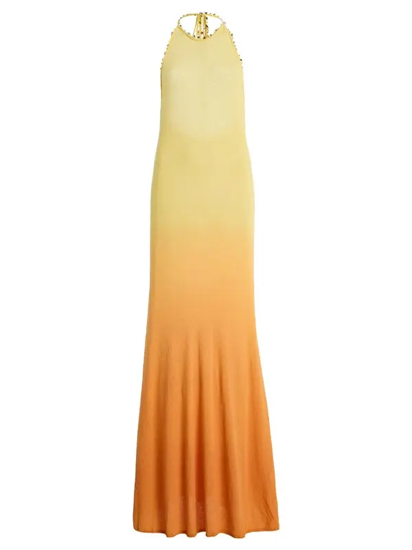 Christopher Esber Ombre Boucle Knit Maxi Halter Dress With Natural Stone Embellishments - Orange