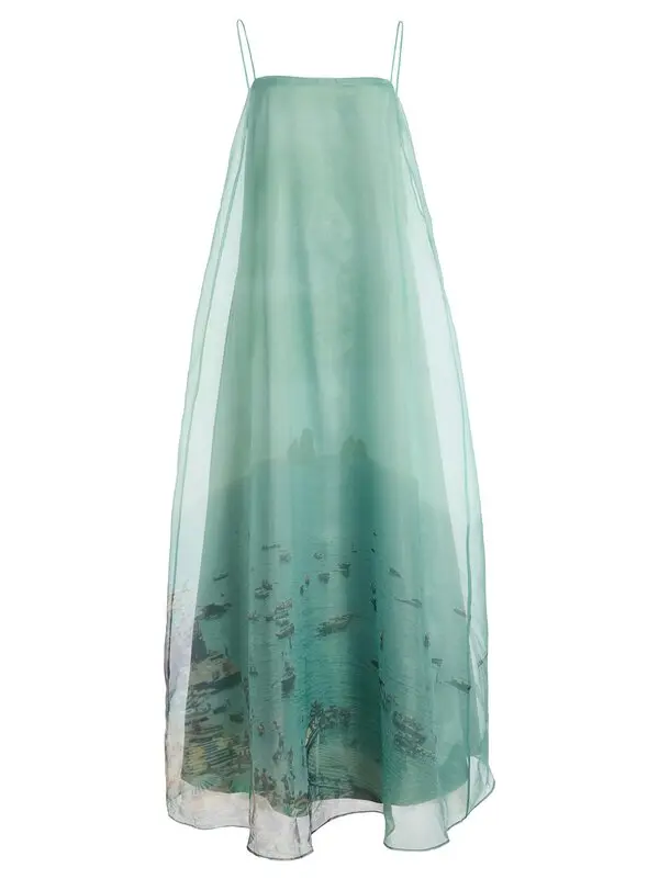 Staud Delfina Printed Organza Maxi Dress - Blue
