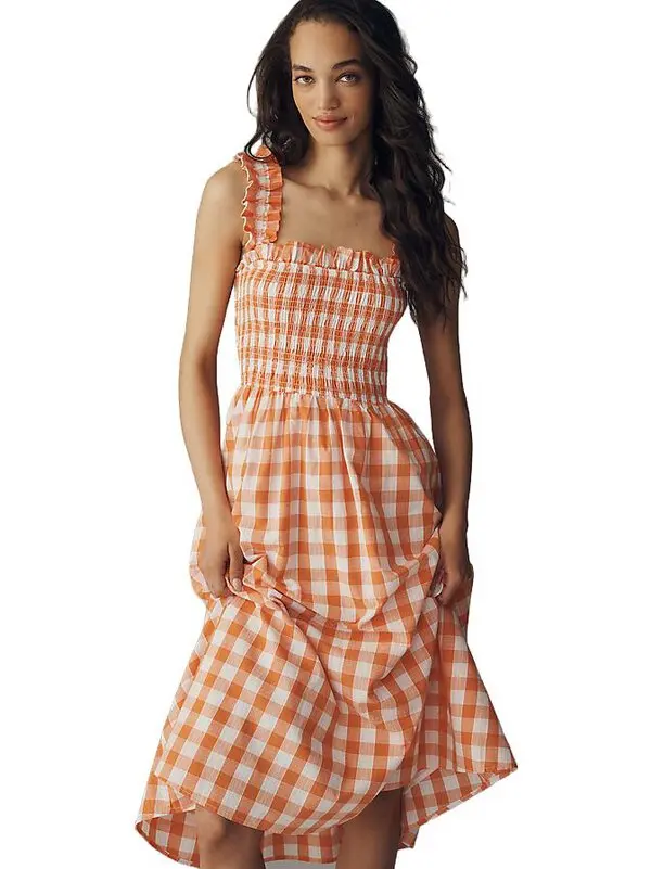 English Factory Gingham Midi Dress - Orange Plaid