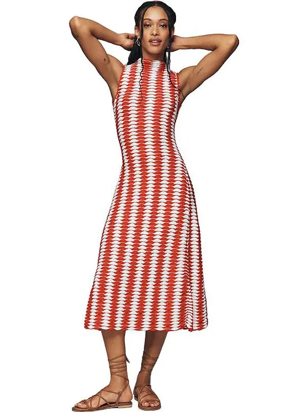 DE LORETA Petite Cotton Montebell Midi Dress - Red/white