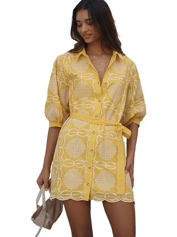 Maeve Mona Deco Belted Mini Dress - Yellow Deco